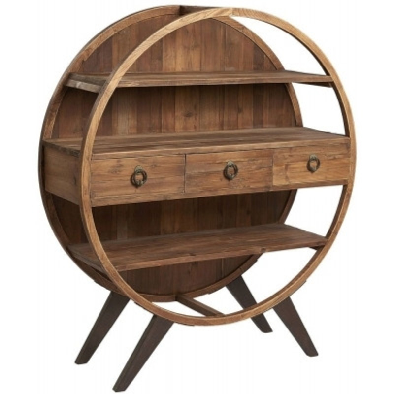 Renton Industrial Reclaimed Pine Round Display Cabinet with 3 Drawers ...