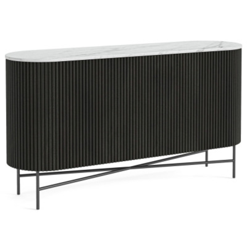 Piano Black Fluted Wood and Marble Top Large Curved Sideboard with 2 ...