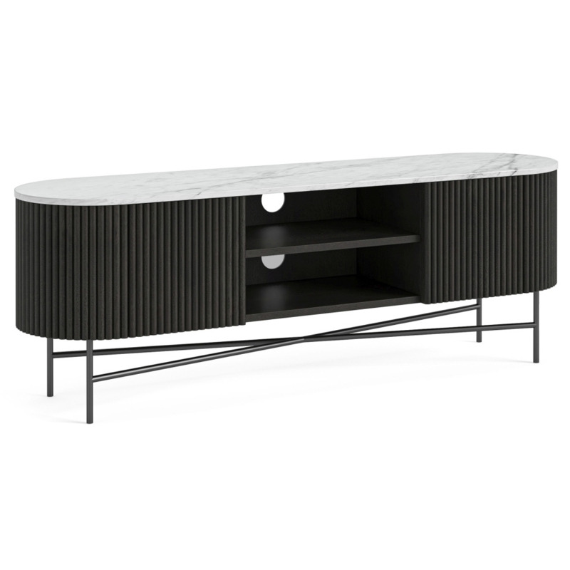 Piano Black Fluted Wood and Marble Top Large Curved TV Unit, 150cm Wide ...