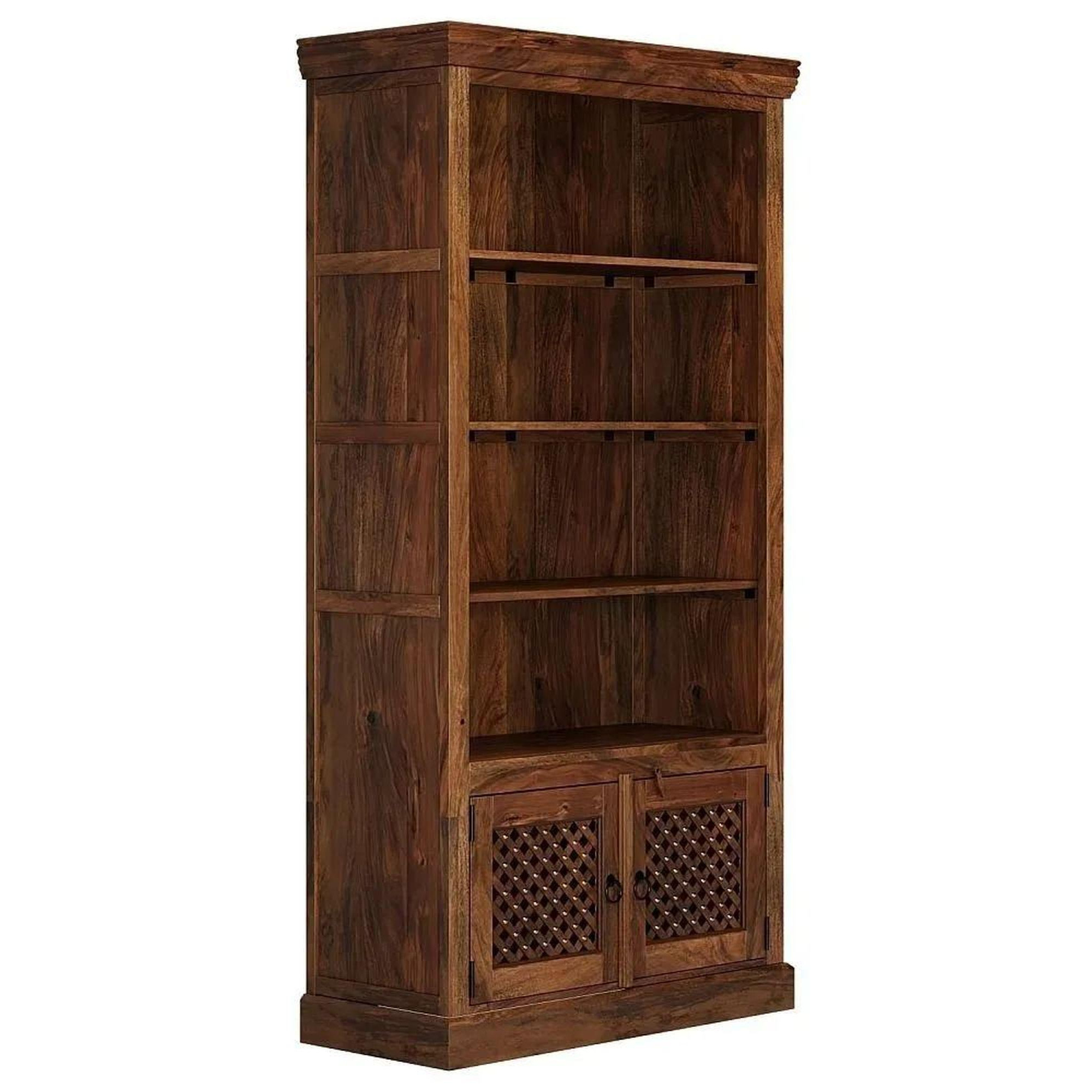 Maharani Sheesham Bookcase Indian Wood Lattice Jali Design Tall 4 Book Shelf with Bottom Storage Cupboard by Choice Furniture Superstore ufurnish