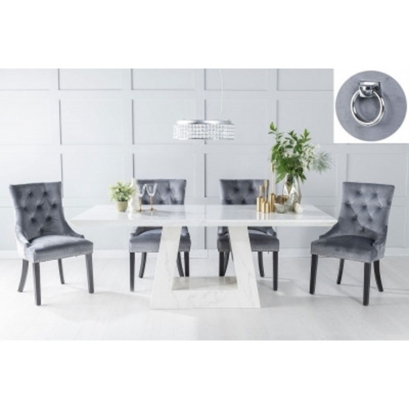 Milan Marble Dining Table Set, Rectangular White Top and Triangular ...