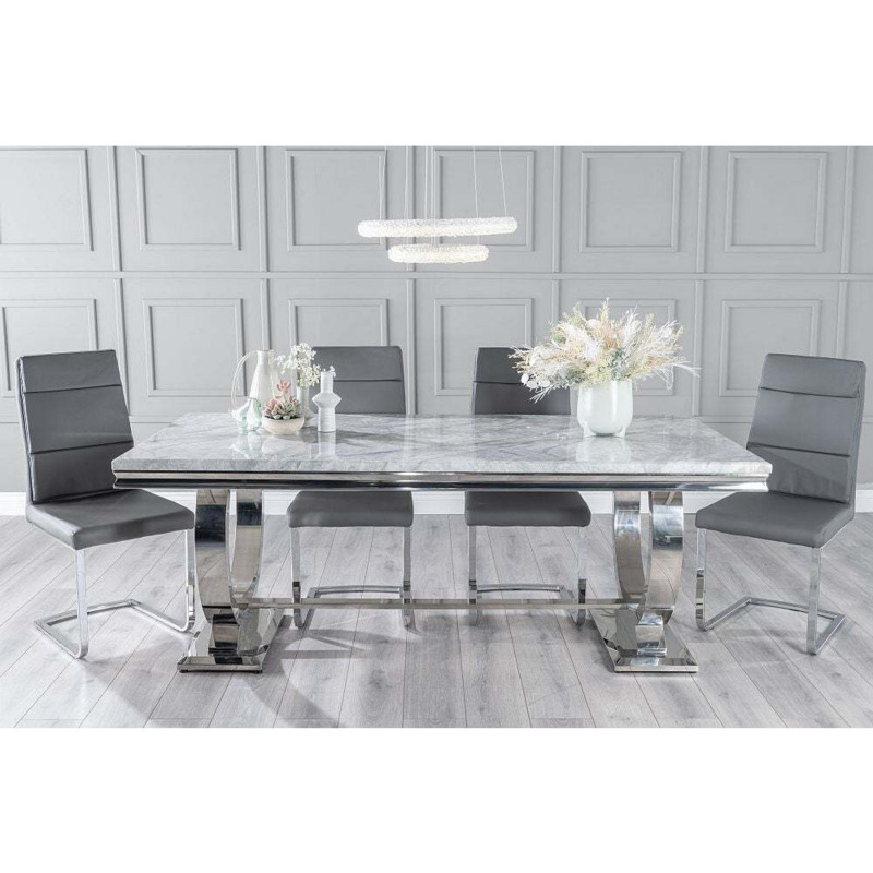 Glacier Marble Dining Table Set, Rectangular Grey Top and Ring Chrome ...