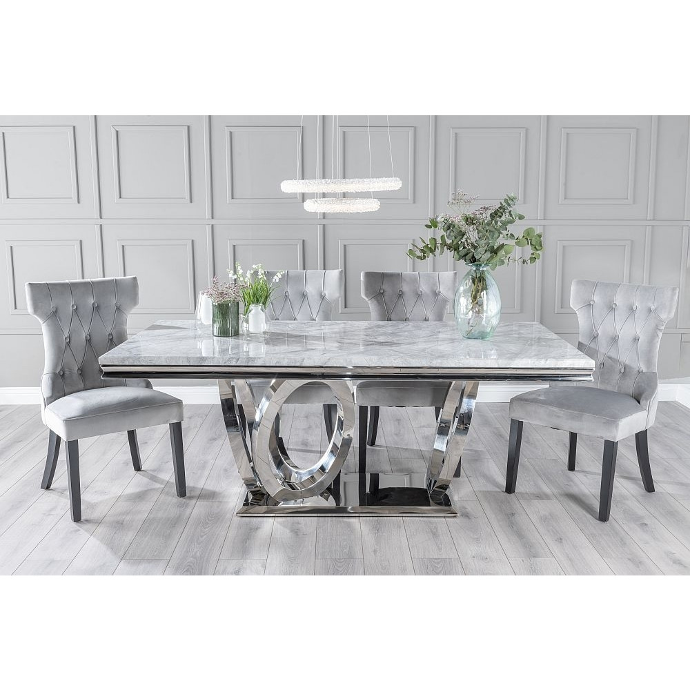Dolce Marble Dining Table Set, Rectangular Grey Top and Ring Chrome ...