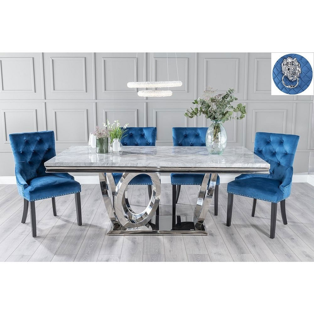 Dolce Marble Dining Table Set, Rectangular Grey Top and Ring Chrome ...