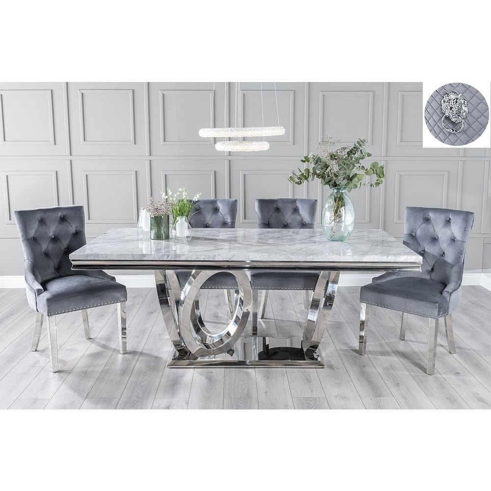 Dolce Marble Dining Table Set, Rectangular Grey Top and Ring Chrome ...