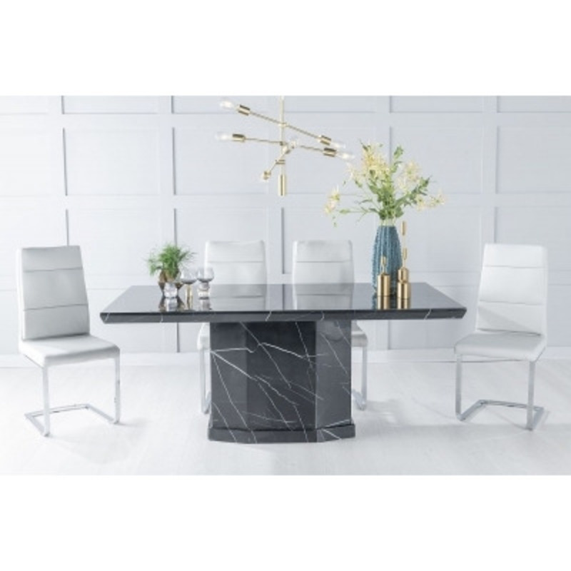 Naples Marble Dining Table Set, Rectangular Black Top and Pedestal Base with Arabella Grey Faux ...