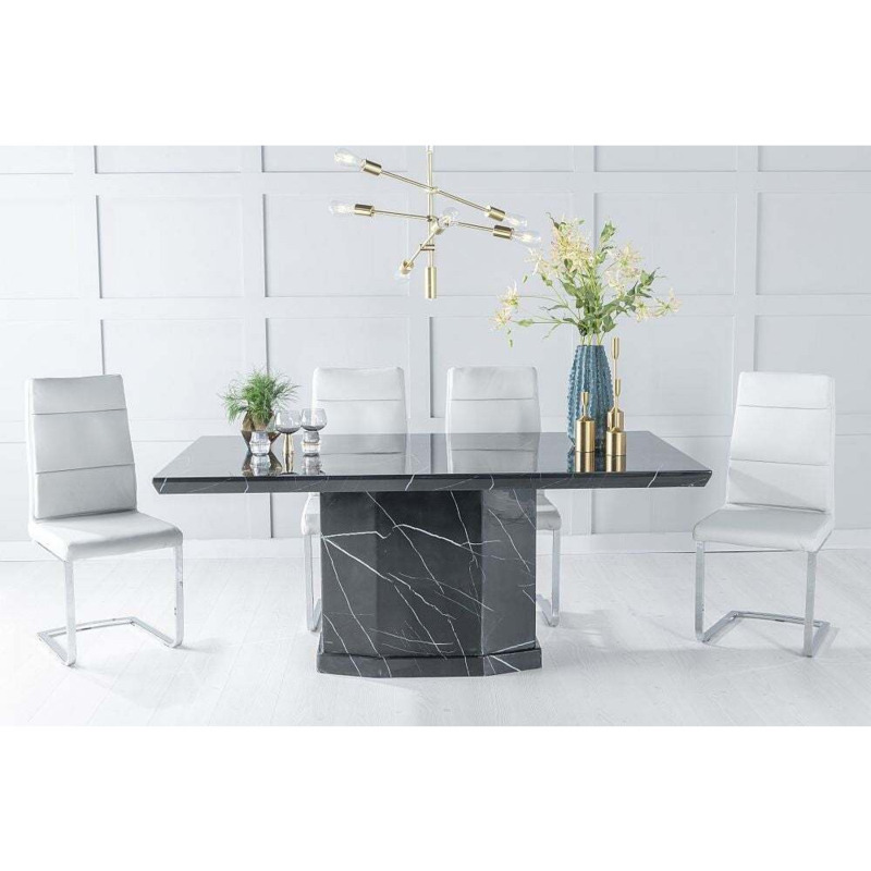 Naples Marble Dining Table Set, Rectangular Black Top and Pedestal Base with Arabella Grey Faux ...