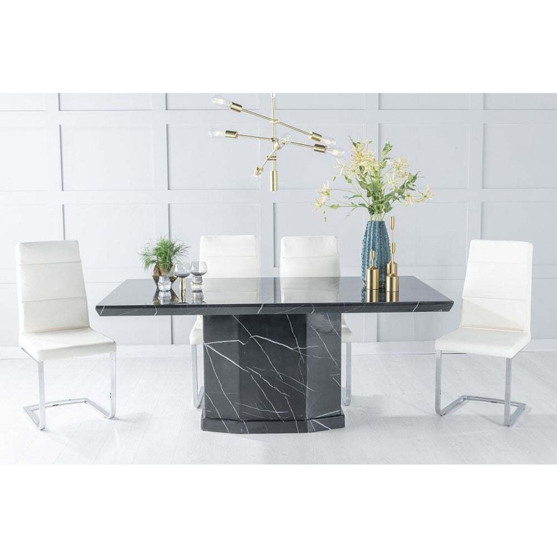 Naples Marble Dining Table Set, Rectangular Black Top and Pedestal Base ...