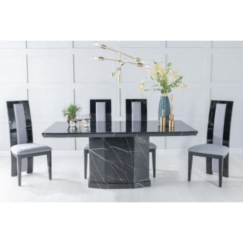 Naples Marble Dining Table Set, Rectangular Black Top and Pedestal Base with Alpine Black High ...