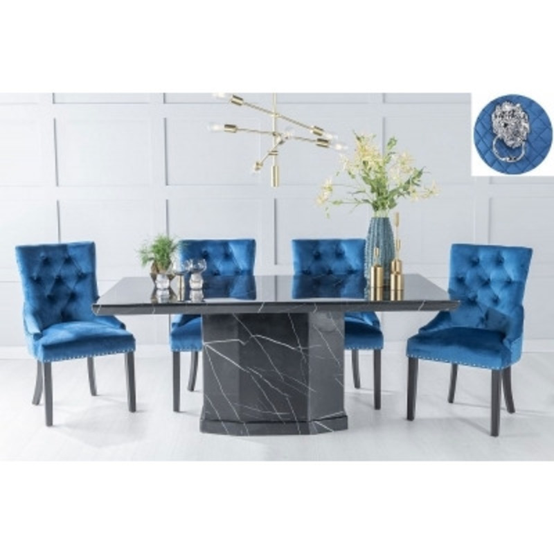 Naples Marble Dining Table Set, Rectangular Black Top and Pedestal Base with Blue Fabric Lion ...