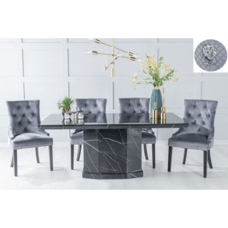 Naples Marble Dining Table Set, Rectangular Black Top and Pedestal Base with Grey Fabric Lion ...