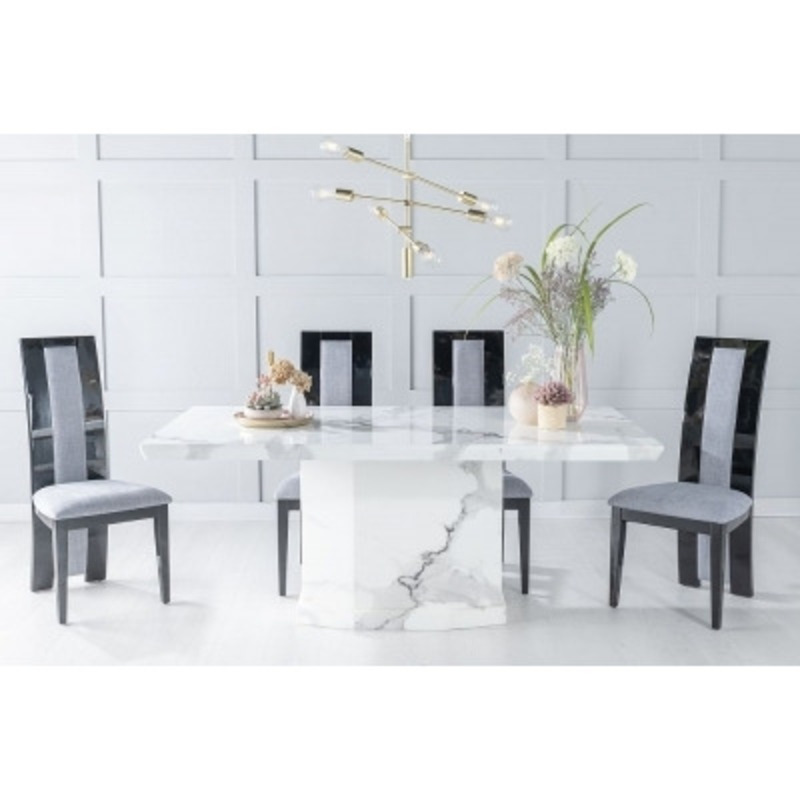 Naples Marble Dining Table Set, Rectangular White Top and Pedestal Base with Alpine Black High ...