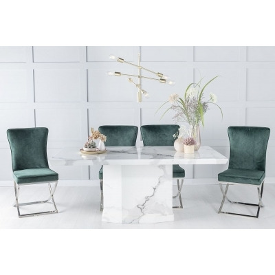 Naples Marble Dining Table Set, Rectangular White Top and Pedestal Base ...