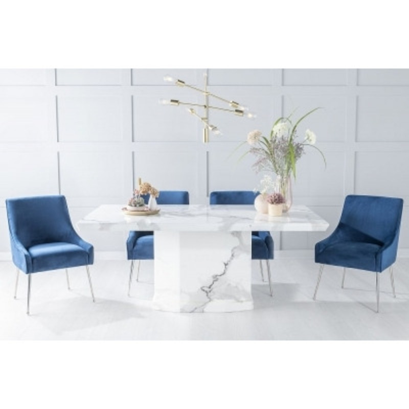 Naples Marble Dining Table Set, Rectangular White Top and Pedestal Base with Giovanni Blue ...