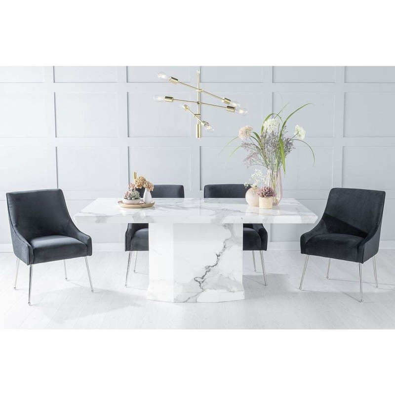 Naples Marble Dining Table Set, Rectangular White Top and Pedestal Base with Giovanni Black ...