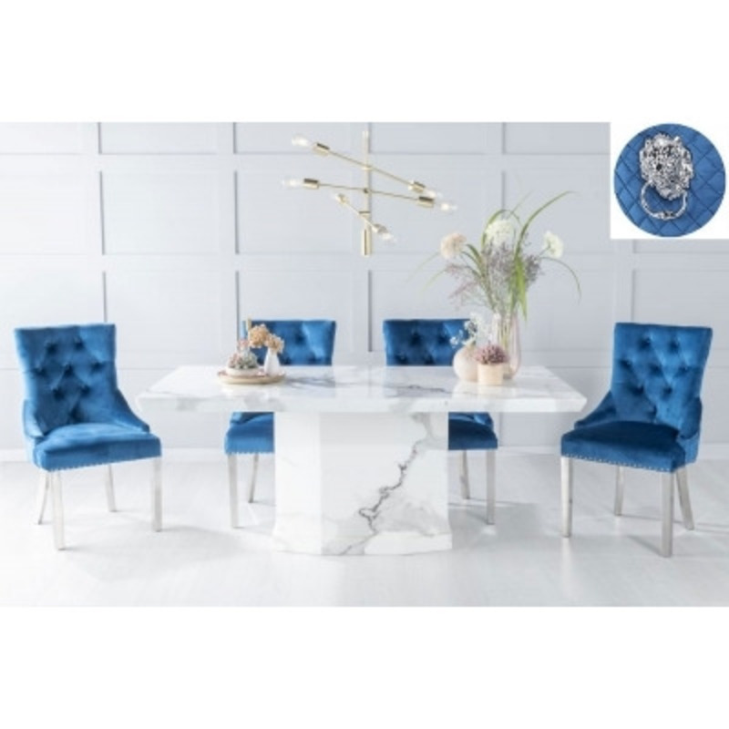 Naples Marble Dining Table Set, Rectangular White Top and Pedestal Base and Blue Fabric Lion ...