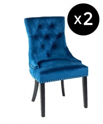 Lion Knocker Back Blue Velvet Fabric Dining Chair with Black Wooden ...
