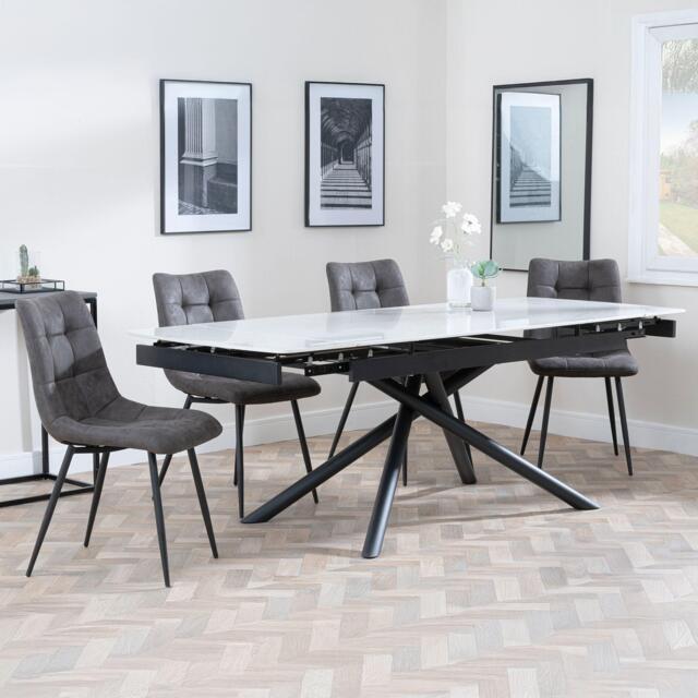 Apollo White Ceramic Extending Dining Set - Corona Grey Fabric Dining ...