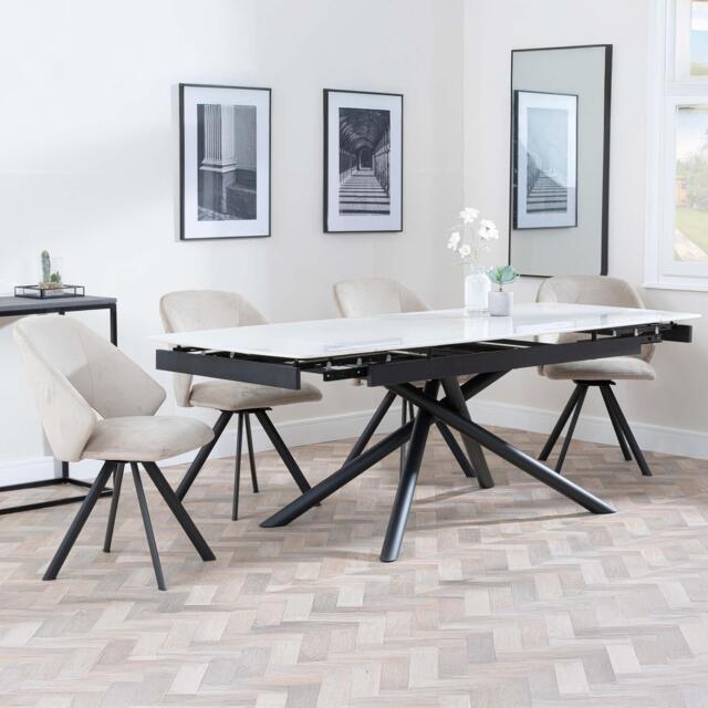 Apollo White Ceramic Extending Dining Set - Ion Beige Velvet Fabric ...