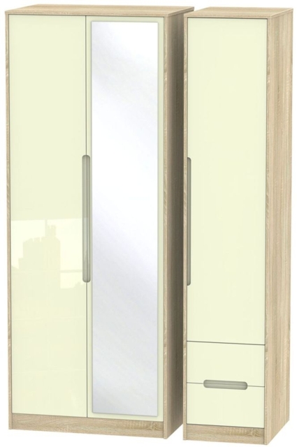 Monaco Cream Gloss and Oak Effect 3 Door Tall Combi Wardrobe - 1 Mirror ...