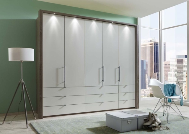 Wiemann Loft 5 Door Bi Fold Wardrobe in Grey Glass and Oak Carcase with ...