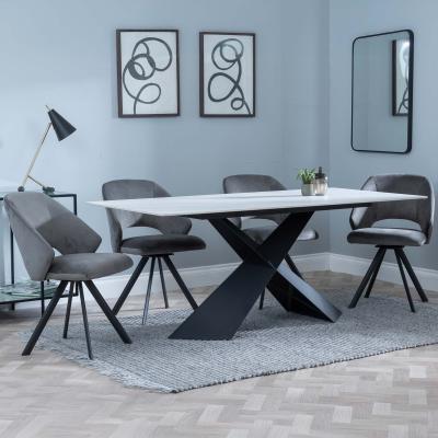 Merlin White Ceramic Dining Set - Ion Dark Grey Velvet Fabric Swivel ...