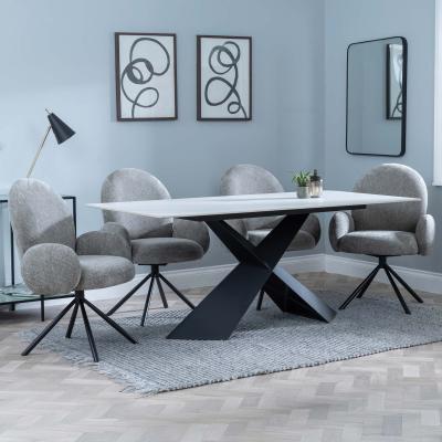 Merlin White Ceramic Dining Set - Theo Dark Grey Fabric Swivel Dining ...