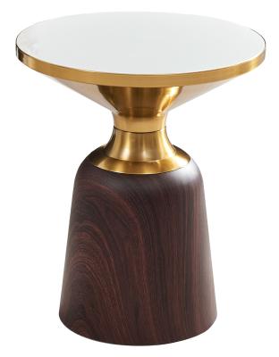 Hourglass White Ceramic Round Side Table with Walnut Base and Gold Trim ...