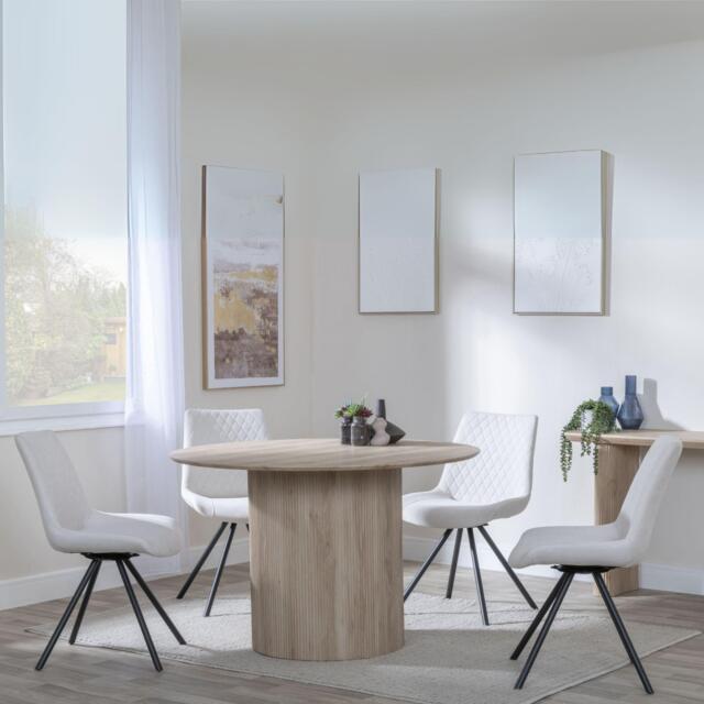 Bern Fluted Oak Effect 4 Seater Round Dining Set - 4 Boden Cream Fabric ...