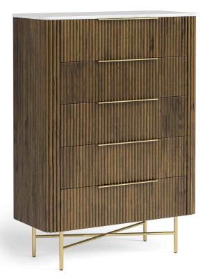 Harvard Walnut Fluted Wood and Marble Top 5 Drawer Chest Mango Wood ...