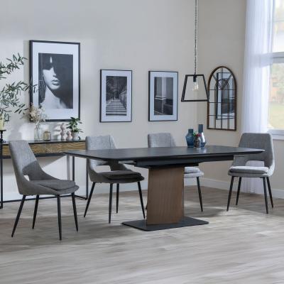Catalina Black Ceramic Extending Dining Set with Walnut Pedestal Base - Peyton Grey Fabric ...