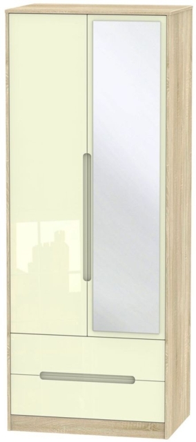 Monaco Cream Gloss and Oak Effect 2 Door Tall Combi Wardrobe - 1 Mirror ...
