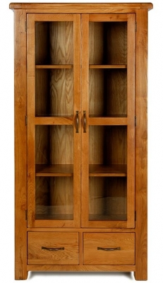 Arles Oak Glazed Display Cabinet, 2 Glass Doors and 2 Bottom Storage ...