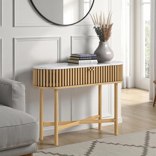 Soho Oak 2 Door Oval Slatted Console Table - White Marble Top by Choice ...