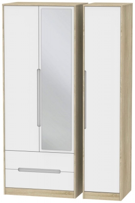 Monaco White Matt and Oak Effect 3 Door Tall Combi Wardrobe - 1 Mirror ...