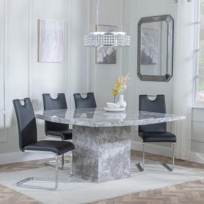 Turin Grey Marble Square Dining Set - Bianco Black Faux Leather Dining Chair by Choice Furniture ...