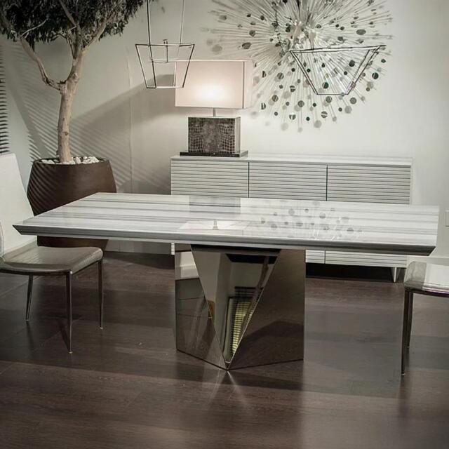 Freedom Beveled Edge Marble Dining Table with Stainless Steel Pedestal ...