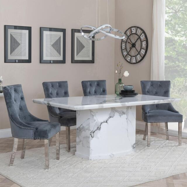 Naples White Marble Dining Set - Knocker Back Grey Velvet Fabric Dining ...