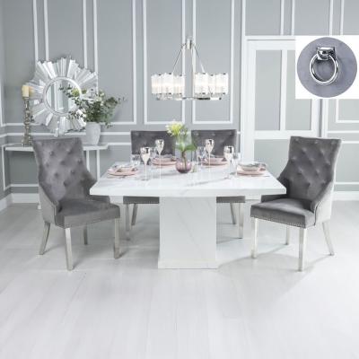 Turin White Marble Square Dining Set - Grey Fabric Knocker Back Dining ...