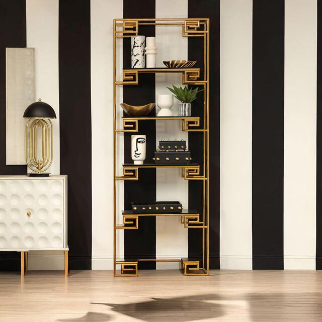 Horizon Black Glass and Gold Metal Angular Bookcase by Choice Furniture ...