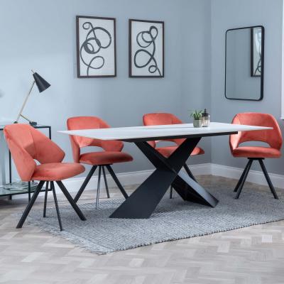 Merlin White Ceramic Dining Set - Ion Orange Velvet Fabric Swivel ...