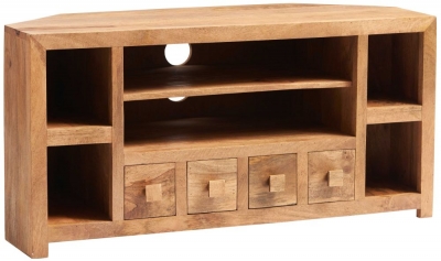 Ajmer Light Mango Wood 110cm Corner TV Unit by Choice Furniture Superstore | ufurnish.com