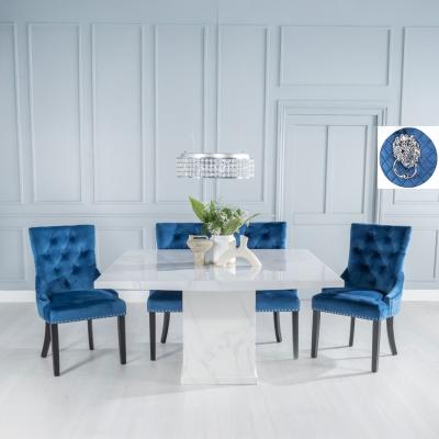 Turin White Marble Square Dining Set - Blue Fabric Lion Head Ring Back ...