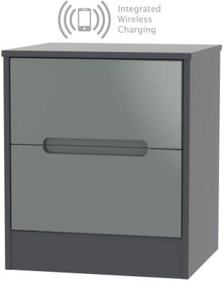 Monaco Grey Gloss and Graphite 2 Drawer Bedside Cabinet with Wireless ...