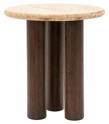 Trevi Travertine Stone Dark Wood Round Side Table by Choice Furniture ...