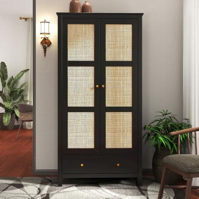 Clearance - Ferrero Black and Woven Rattan 2 Door 1 Drawer Wardrobe by ...