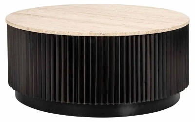 Hampton Travertine Beige Top Round Coffee Table with Black Fluted Base ...