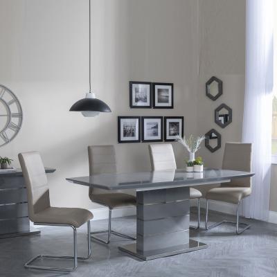 Clearance - Rimini Grey Gloss Extending Dining Set - Roma Beige Faux ...