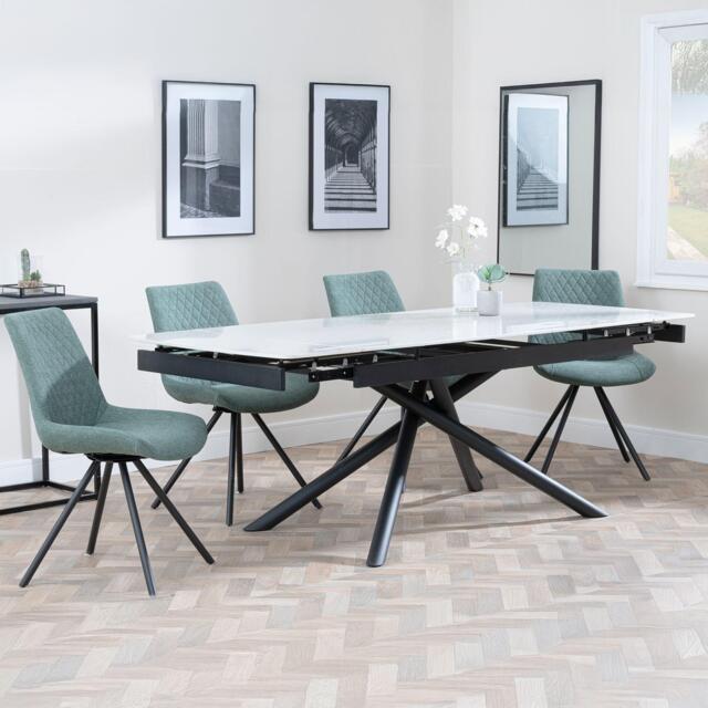 Apollo White Ceramic Extending Dining Set - Boden Green Fabric Swivel ...