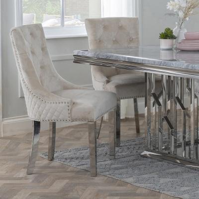 Lion Knocker Back Champagne Velvet Fabric Dining Chair with Chrome Legs ...